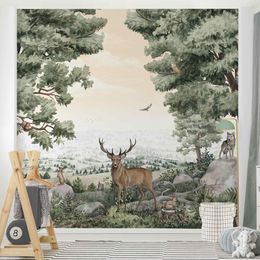 Bilderwelten Fototapete Wald modern Aquarell gr&uuml;n - Tiere des Waldes - B&auml;ume Kinderzimmer Baby M&auml;dchen Jungen