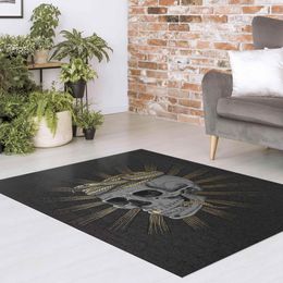 Vinylteppich - Illustration Totenkopf und Schlange Schwarz Gold - Pop Art schwarz Tiere Vinylmatte Deko K&uuml;che Badezimmer Flur