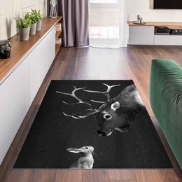 Bilderwelten Vinylteppich Pop Art schwarz Tiere Aquarell - Illustration Hirsch und Hase Schwarz Wei&szlig; Malerei - Hirsch Kinderzimmer