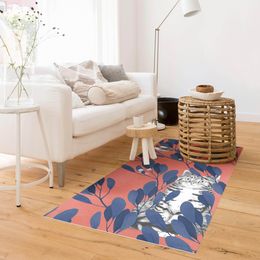 Bilderwelten Vinylteppich Illustration rot Tiere Aquarell - Illustration Katze und Vogel auf Ast Blau Rot - Katze Kinderzimmer