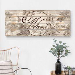 Holzbild Plankenoptik Welcome with Butterfly - Wandbilder aus Holz Palettenoptik Holzoptik Vintage Shabby Tiere Spr&uuml;che Wohnzimmer Schlafzimmer Bad