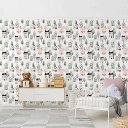 Bilderwelten Fototapete Vliestapete Illustration Aquarell bunt - Skandi Stadt Muster Pastell - Deko Kinderzimmer Baby M&auml;dchen Jungen