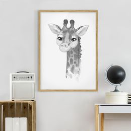 Bilderwelten Bild mit Rahmen Tiere schwarz weiss modern Aquarell - Portrait Baby Giraffe - Giraffen Kinderzimmer Baby M&auml;dchen Jungen