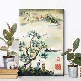 Bilderwelten Wechselbild Japanische Aquarell Zeichnung Kiefer und Bergdorf