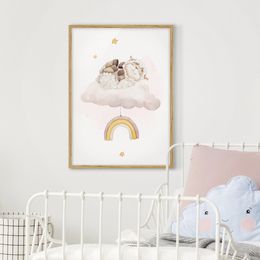 Bild mit Rahmen - Verspieltes Schafbaby - Tiere rosa modern Aquarell Himmel Kinderzimmer Baby M&auml;dchen Jungen