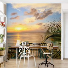 Bilderwelten Fototapete Strand Tropisch Wandtapete blau - Blick auf Sonnenuntergang am Strand - Sonnenuntergang Wohnzimmer Schlafzimmer