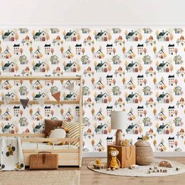 Bilderwelten Fototapete Vliestapete Illustration Aquarell blau - Skandi Stadt Muster Bunt - Deko Kinderzimmer Baby M&auml;dchen Jungen