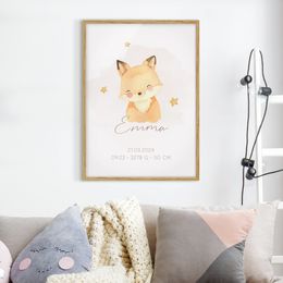 Bild mit Rahmen - Fuchsbaby mit Wunschtext Rosa - Tiere orange modern Aquarell Himmel Kinderzimmer Baby M&auml;dchen Jungen