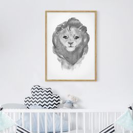 Bild mit Rahmen - Portrait Baby L&ouml;we - Tiere schwarz weiss modern Aquarell L&ouml;we Kinderzimmer Baby M&auml;dchen Jungen