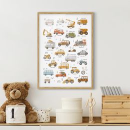 Bild mit Rahmen - Fahrzeug-ABC - originell bunt modern Aquarell Auto Landmaschine & LKW Kinderzimmer Baby M&auml;dchen Jungen