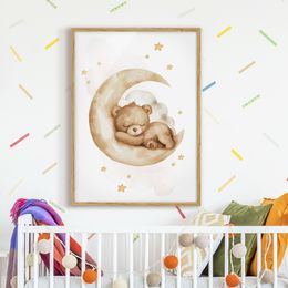 Bild mit Rahmen - Tr&auml;umender Teddy im Mond - Tiere beige modern Aquarell Himmel Kinderzimmer Baby M&auml;dchen Jungen