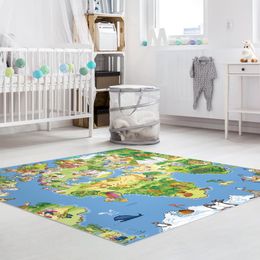 Bilderwelten Vinylteppich Illustration blau Weltkarte Vinylmatte - Great And Funny Worldmap - Karten Kinderzimmer