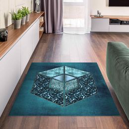 Bilderwelten Vinylteppich Illustration petrol Vinylmatte - Blaues Hexagon mit Goldkontur - Geometrisch K&uuml;che Badezimmer Flur