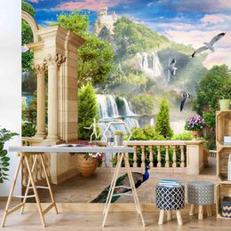 Bilderwelten Fototapete Natur Fotomontage Wandtapete bunt - M&auml;rchenhafter Ausblick - Wasserfall Wohnzimmer Schlafzimmer