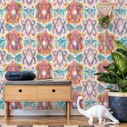 Bilderwelten Fototapete originell Orientalisch Wandtapete rosa - Ikat Muster Bali pastell - Deko Wohnzimmer Schlafzimmer