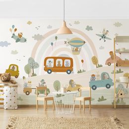Bilderwelten Fototapete Tiere Illustration Wandtapete bunt - Tierischer Verkehr - Ballon Kinderzimmer Baby M&auml;dchen Jungen