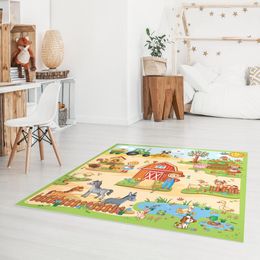 Vinylteppich - Bauernhof - Landarbeit macht Spa&szlig; - Illustration bunt Tiere Vinylmatte Bauernhof Kinderzimmer