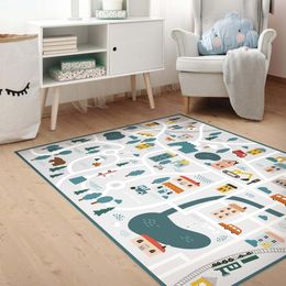 Vinylteppich - Kleinstadt - Von der Stadt in die Natur - Illustration bunt Fahrzeuge Vinylmatte Fahrzeuge Kinderzimmer