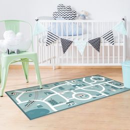 Vinylteppich - Dorf - Klein aber fein - Illustration blau Fahrzeuge Vinylmatte Fahrzeuge Kinderzimmer