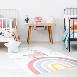 Vinylteppich - Lama auf Regenbogen mit Sternen und P&uuml;nktchen - Illustration bunt Tiere Vinylmatte Regenbogen Kinderzimmer