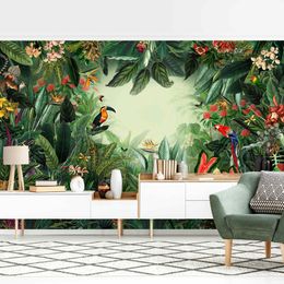 Fototapete Vintage Bunter Dschungel - Vliestapete nach Ma&szlig; Wald B&auml;ume Blumen Floral Vintage Botanik Tropical Kunstdruck Wohnzimmer Schlafzimmer Bad