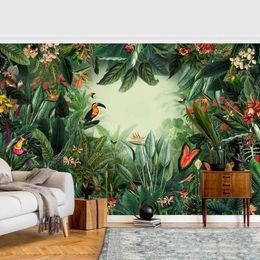 Bilderwelten Fototapete Vintage Bunter Dschungel Wald B&auml;ume Natur Wohnzimmer,Schlafzimmer Vliestapete inkl. Kleister oder selbstklebend