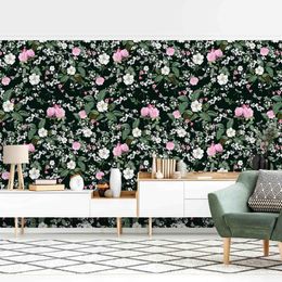 Bilderwelten Fototapete Rosen und Schmetterlinge auf Dunkelgr&uuml;n Wohnzimmer,Schlafzimmer Vliestapete inkl. Kleister oder selbstklebend
