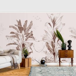 Fototapete Tropische Palmen und Bl&auml;tter Sepia - Vliestapete nach Ma&szlig; Aquarell Botanik Tropical Kunstdruck Natur Wohnzimmer Schlafzimmer Bad