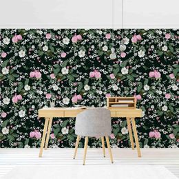 Fototapete Rosen und Schmetterlinge auf Dunkelgr&uuml;n - Vliestapete nach Ma&szlig; Blumen Floral Kunstdruck Muster Wohnzimmer Schlafzimmer Bad Badezimmer