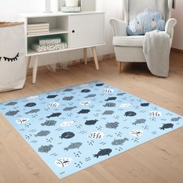 Bilderwelten Vinylteppich Illustration blau Tiere Vinylmatte - Skandinavische Fische in Pastellblau - Fische Kinderzimmer