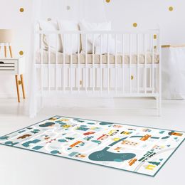 Vinylteppich - Kleinstadt - Von der Stadt in die Natur - Illustration bunt Fahrzeuge Vinylmatte Fahrzeuge Kinderzimmer