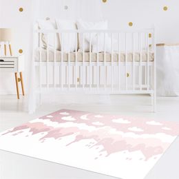 Vinylteppich - Sternenhimmel mit H&auml;usern und Mond in rosa - Illustration rosa Stadt Vinylmatte Skylines Kinderzimmer