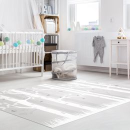Vinylteppich - Birkenwald mit Schmetterlingen und V&ouml;gel - Unifarben grau Wald Vinylmatte B&auml;ume Kinderzimmer