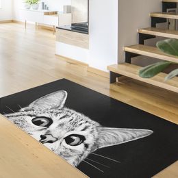 Bilderwelten Vinylteppich Pop Art schwarz Tiere Aquarell - Illustration Katze Schwarz Wei&szlig; Zeichnung - Katze K&uuml;che Badezimmer Flur