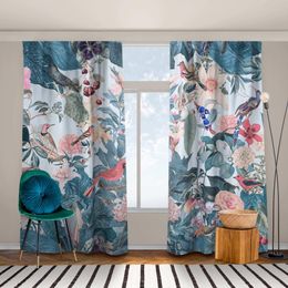 Bilderwelten Vorhang Vintage Collage - Vogelgarten - blickdichte Gardine Blumen Floral Botanik Tropical Illustration Tiere Vintage Wohnzimmer Schlafzimmer K&uuml;che