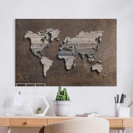 Bilderwelten Leinwandbild Holz Rost Weltkarte - Wandbild bis XXL Print Holzoptik Industrial Weltkarte Wohnzimmer Schlafzimmer Bad Badezimmer K&uuml;che Flur Esszimmer