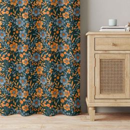 Vorhang Orange Blaue Bl&uuml;ten auf dunklem Petrol - blickdichte Gardine Blumen Floral Illustration Muster Wohnzimmer Schlafzimmer K&uuml;che Bad Badezimmer