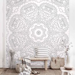 Bilderwelten Fototapete Zackige Mandalablume mit Stern in Grau Orientalisch,Muster Ornamente,Spirituell Mandala Wohnzimmer,Schlafzimmer Vliestapete