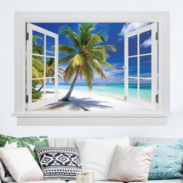 3D Wandtattoo Offenes Fenster Traumstrand Fenster Karibik Paradies Wandsticker 3D-Optik Wandaufkleber Fenster Ausblick in S-XXL 3D-Effekt