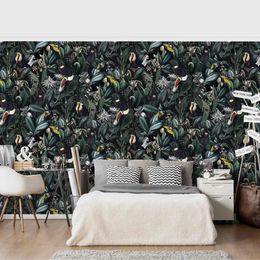 Fototapete V&ouml;gel in dunkler Botanik - Vliestapete nach Ma&szlig; Botanik Tropical Kunstdruck Wohnzimmer Schlafzimmer Bad Badezimmer K&uuml;che Flur Esszimmer