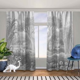 Bilderwelten Vorhang Tropischer Kupferstich Garten mit Teich in Grau - blickdichte Gardine Wald B&auml;ume Botanik Tropical Illustration Natur Vintage Wohnzimmer