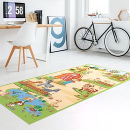 Vinylteppich - Bauernhof - Landarbeit macht Spa&szlig; - Illustration bunt Tiere Vinylmatte Bauernhof Kinderzimmer