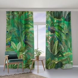 Bilderwelten Vorhang Pfauen im Dschungel - blickdichte Gardine Botanik Tropical Tiere Wohnzimmer Schlafzimmer K&uuml;che Bad Badezimmer Gr&uuml;n