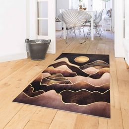 Vinylteppich - Goldene Sonne abstrakte Berge - Abstrakt gold Natur Aquarell Landschaft K&uuml;che Badezimmer Flur