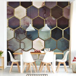 Bilderwelten Fototapete Hexagontr&auml;ume Aquarell Muster Geometrie petrol violett lila mit Goldeffekt selbstklebende Tapete Wandtapeten Wohnzimmer Vliestapete