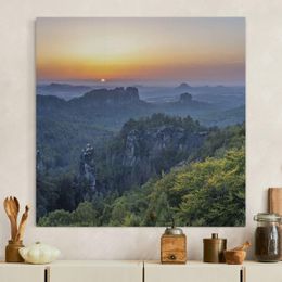 Akustikbild S&auml;chsische Schweiz Felsen im Nebel bei Sonnenuntergang