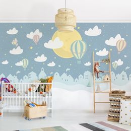 Fototapete Paris mit Sternen und Hei&szlig;luftballon - Vliestapete nach Ma&szlig; Kinder Skyline Stadt Himmel Illustration Kinderzimmer Jungen Jungenzimmer