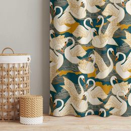 Bilderwelten Vorhang Wei&szlig;e Schw&auml;ne auf Dunkelblau - blickdichte Gardine Blumen Floral Illustration Muster Tiere Wohnzimmer Schlafzimmer K&uuml;che Bad Badezimmer Beige