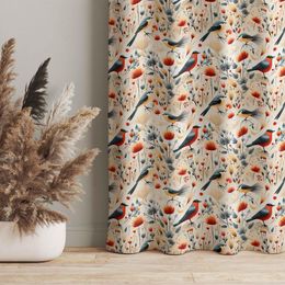 Bilderwelten Vorhang nach Ma&szlig; blickdicht Verdunkelung Tiere Landhaus beige - Bunte Singv&ouml;gel in floralen Gr&auml;sern - Gr&auml;ser Wohnzimmer Schlafzimmer
