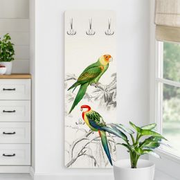 Bilderwelten Wandgarderobe gr&uuml;n Tiere Vintage Flurgarderobe - Vintage Lehrtafel Zwei Papageien Gr&uuml;n Rot - Retro Garderobenpaneel Flur